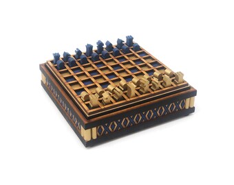 Mini Chess Set: Gold and Blue, Snake Pattern, Laser Cut and Painted MDF ...