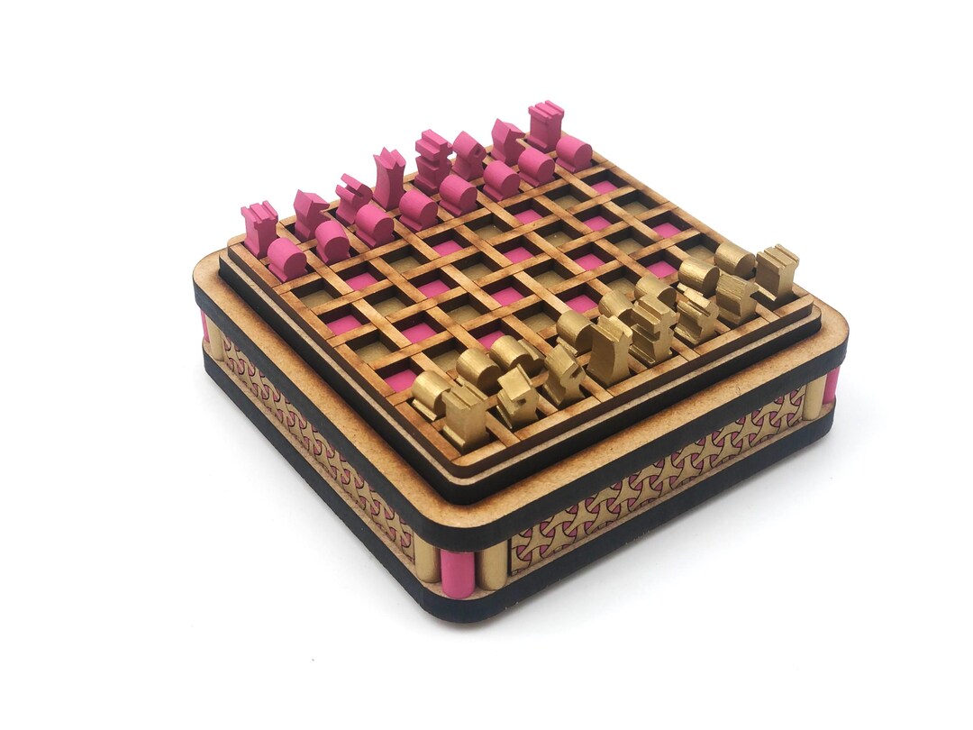 Mini Chess Set: Gold and Pink, Interlocking Rings Pattern, Laser Cut and Painted MDF, 1/4 Inch ...