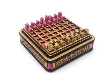 Mini Chess Set: Gold and Blue, Snake Pattern, Laser Cut and Painted MDF ...