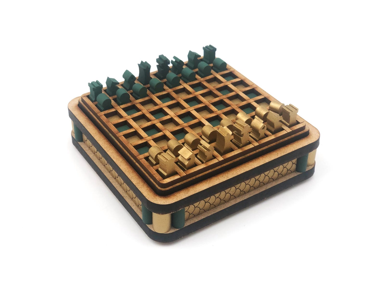 Mini Chess Set: Gold and Green, Fish Scale Pattern, Laser Cut and ...