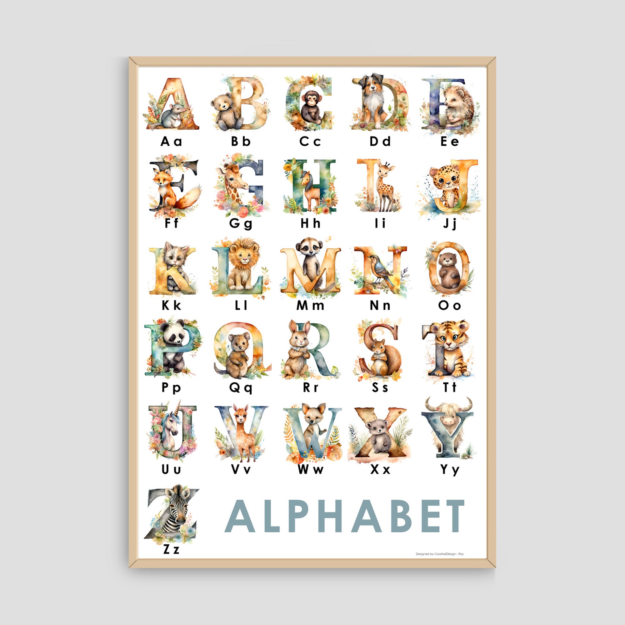 Watercolor Alphabet Chart, A1 & A2 Size ABC Poster, Animal Art, Digital ...