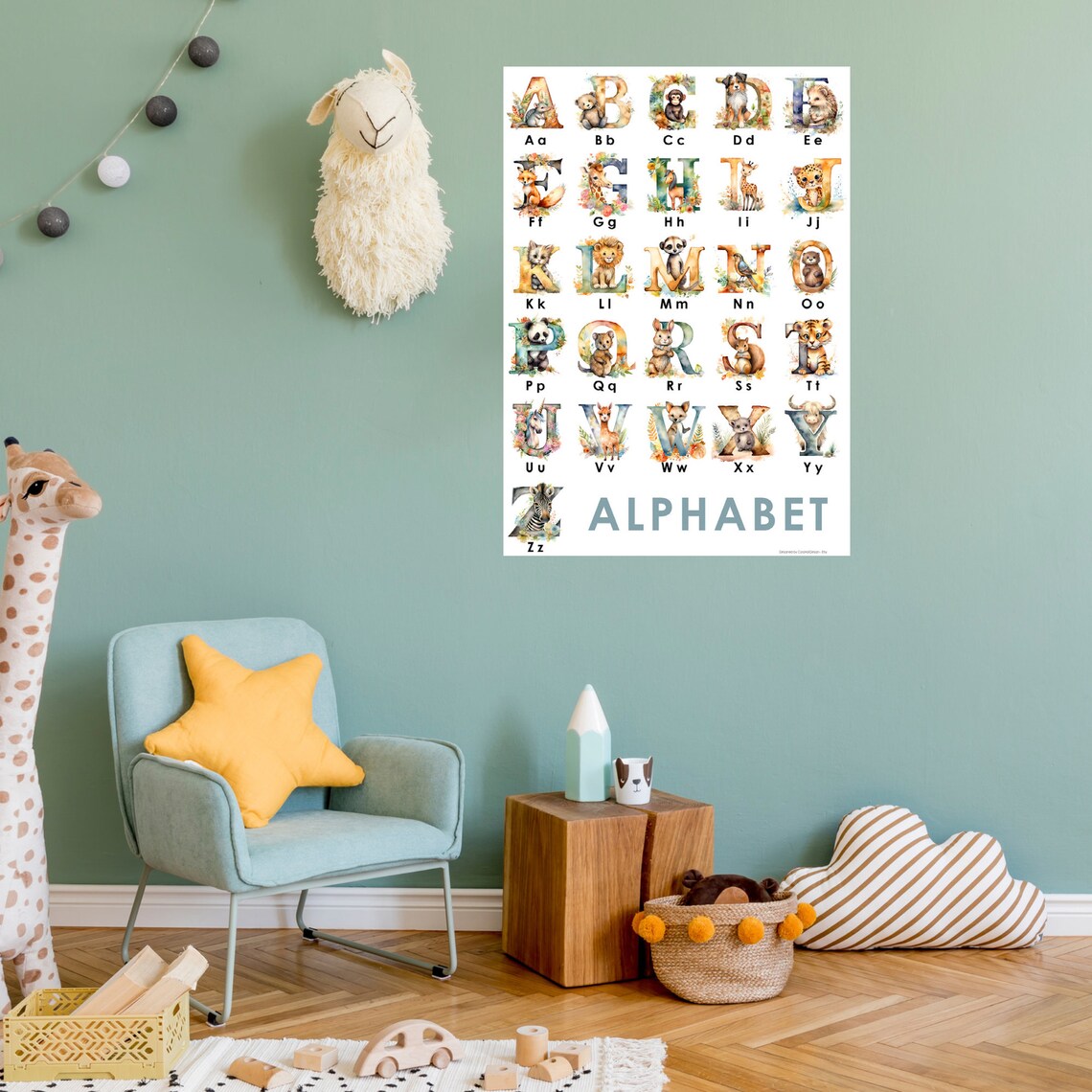Watercolor Alphabet Chart, A1 & A2 Size ABC Poster, Animal Art, Digital ...