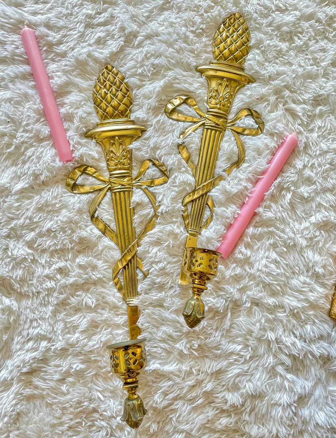 Vintage Brass Pineapple and Bow Candlestick Wall Sconces - Etsy