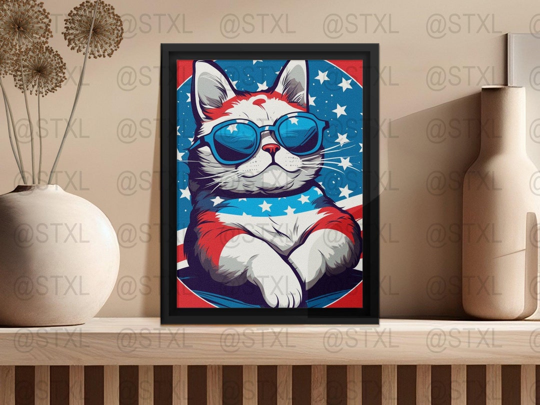 Digital Cat Art Print Red & Blue Cat Illustration Modern Home Decor ...