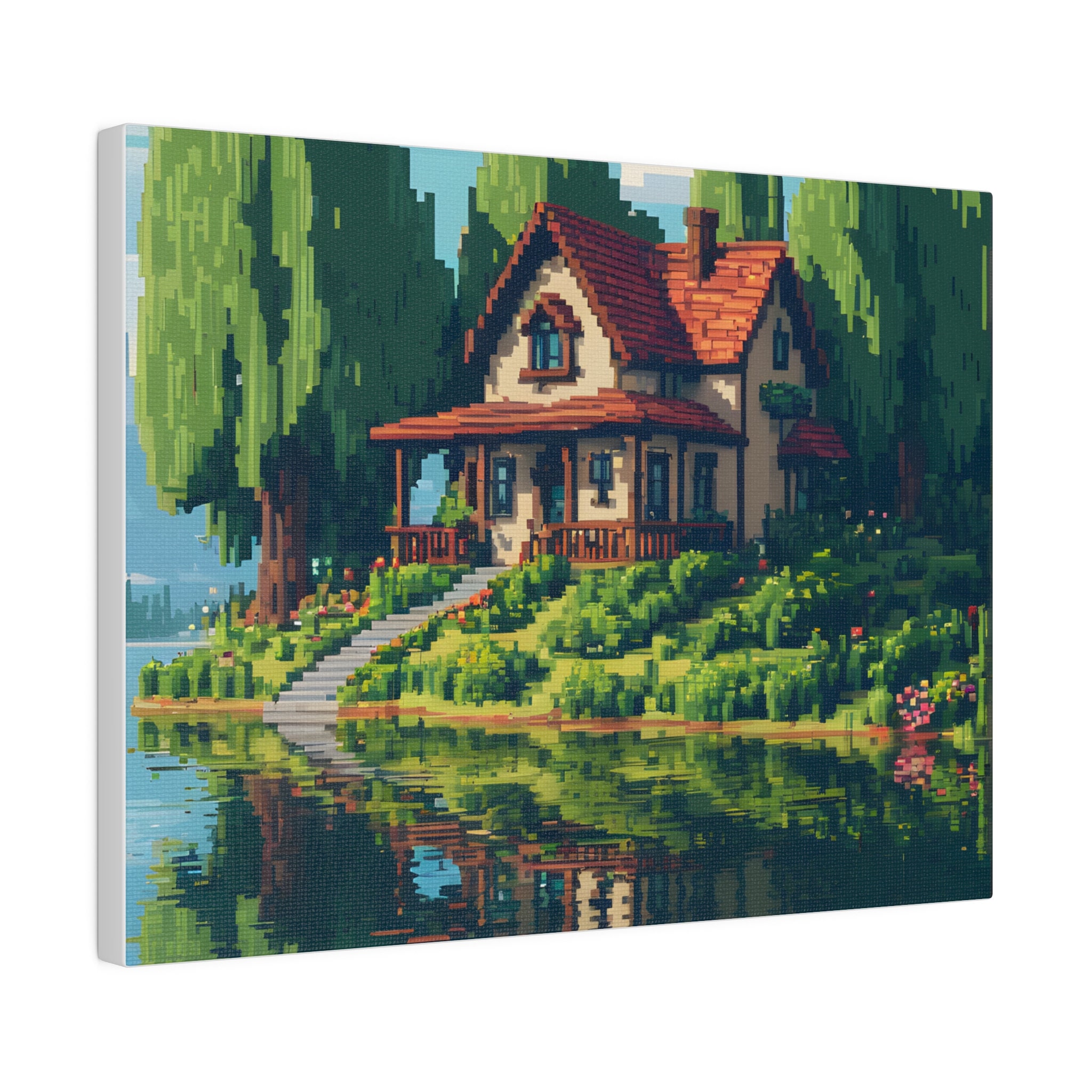 Tranquil Lakeside Cottage Pixel Art Print, Rustic Home Decor, Nature ...