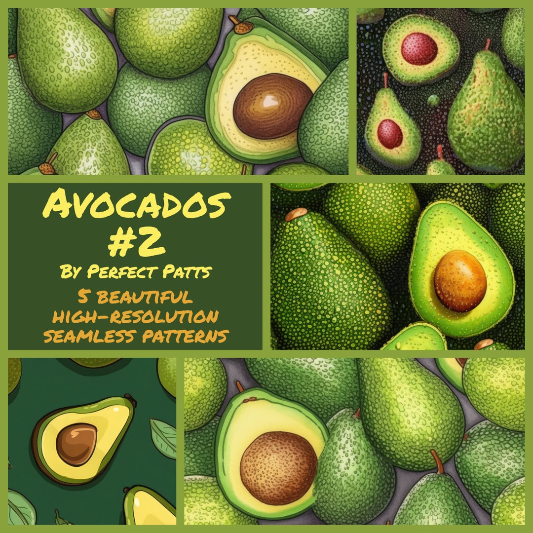 Avocados #2: 5 Seamless Digital Patterns of Fresh Green Avocados, Set ...