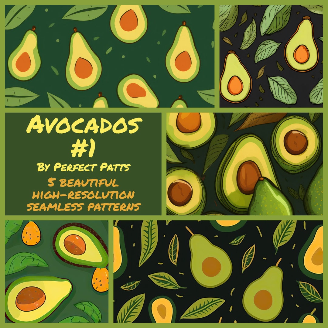 Avocados #1: 5 Seamless Digital Patterns of Fresh Green Avocados, Set ...