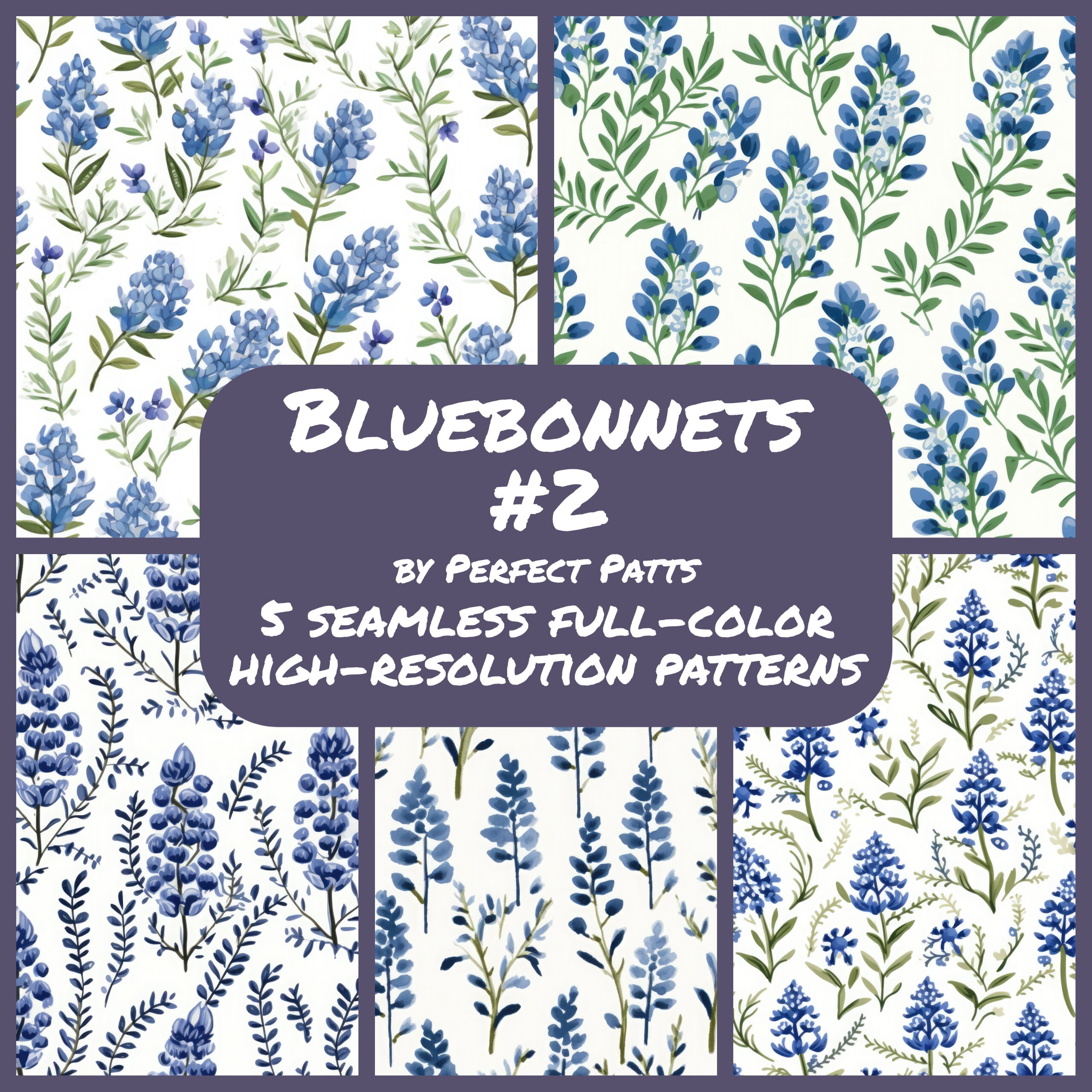 Bluebonnets #2: 5 Seamless Digital Patterns of Beautiful Watercolor ...