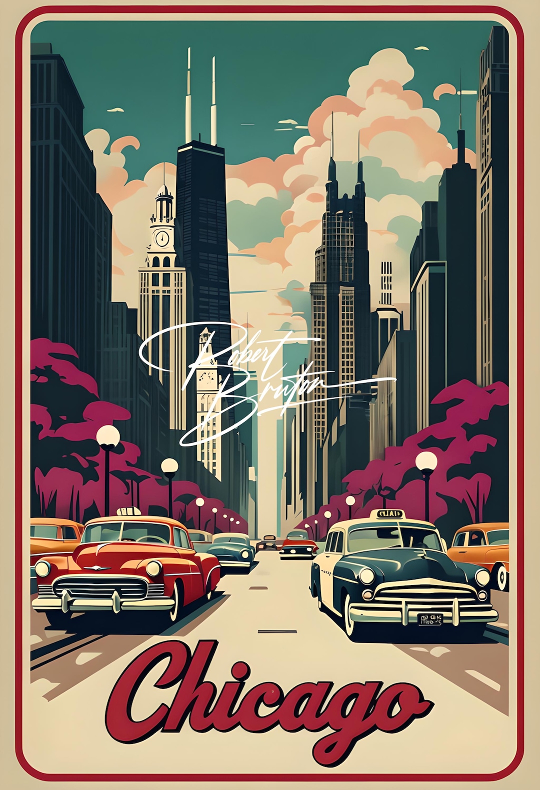 Vintage Chicago Street Scene Wall Art | Retro City Poster With Classic ...