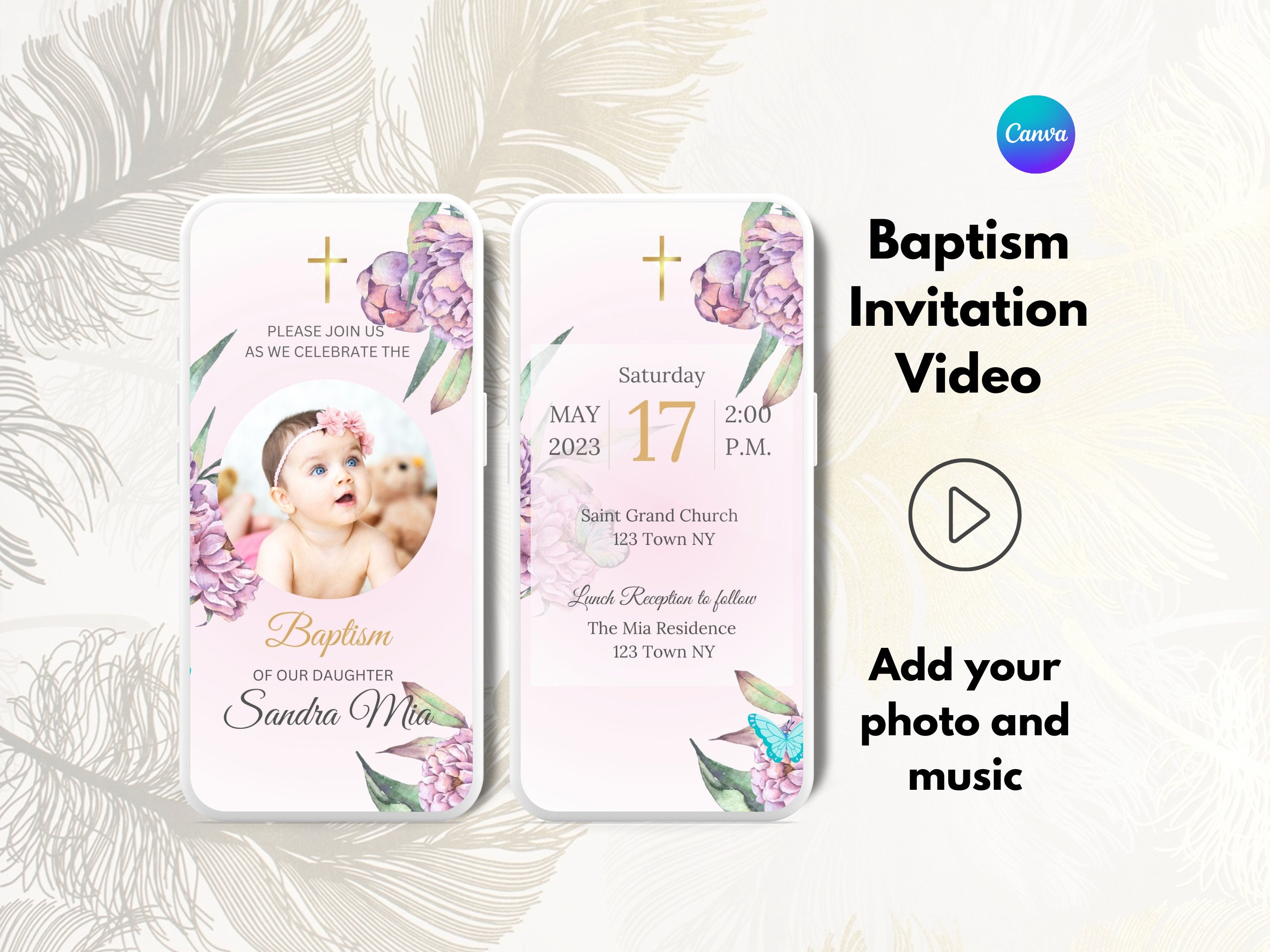 Baptism Invitation Video Template, Baby Girl Christening Invitation ...