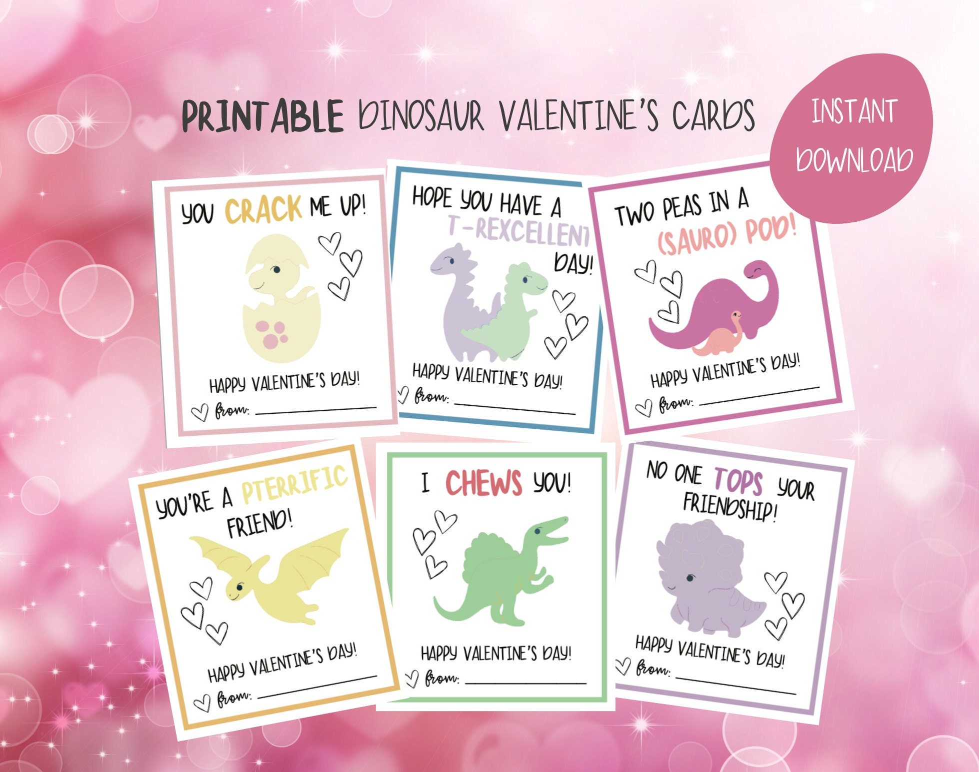 Printable Dinosaur Valentine's Cards, Instant Download, Digital File - Etsy