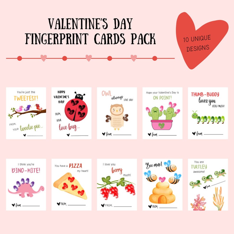 Printable Valentine's Day Fingerprint Cards, Handprint Craft, Valentine ...