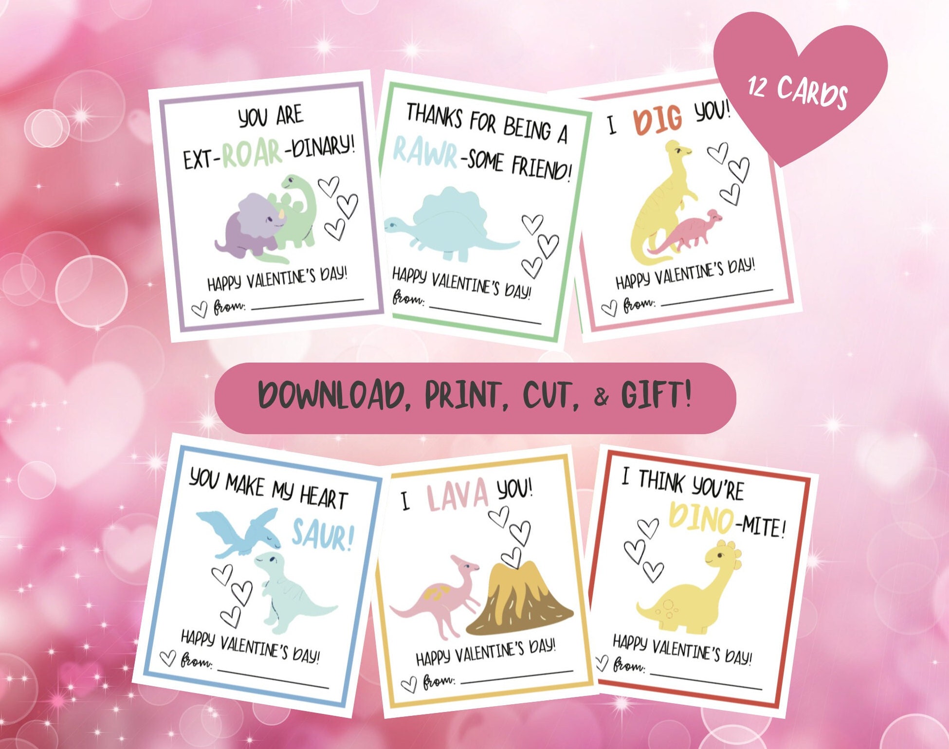 Printable Dinosaur Valentine's Cards, Instant Download, Digital File - Etsy