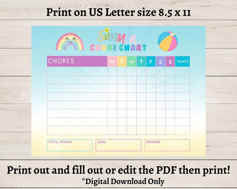 Summer Chore Chart Printable - Etsy