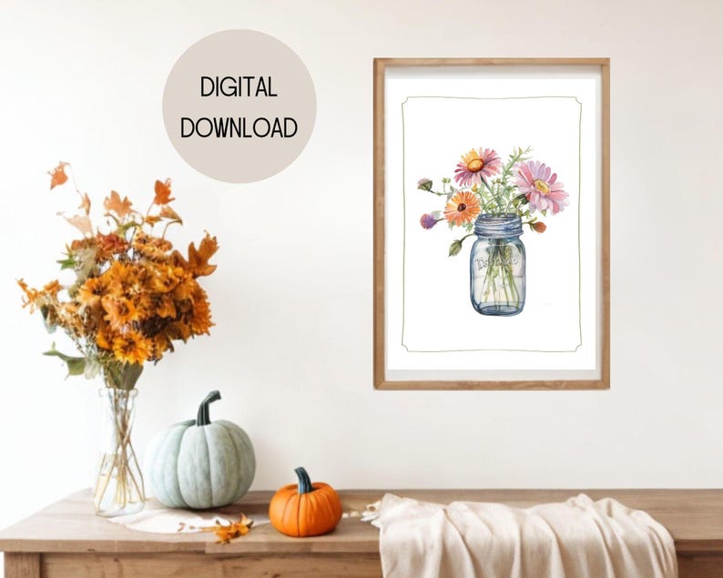 Mason Jar Floral Bouquet Art Print, Digital Download Wall Art, Trendy ...