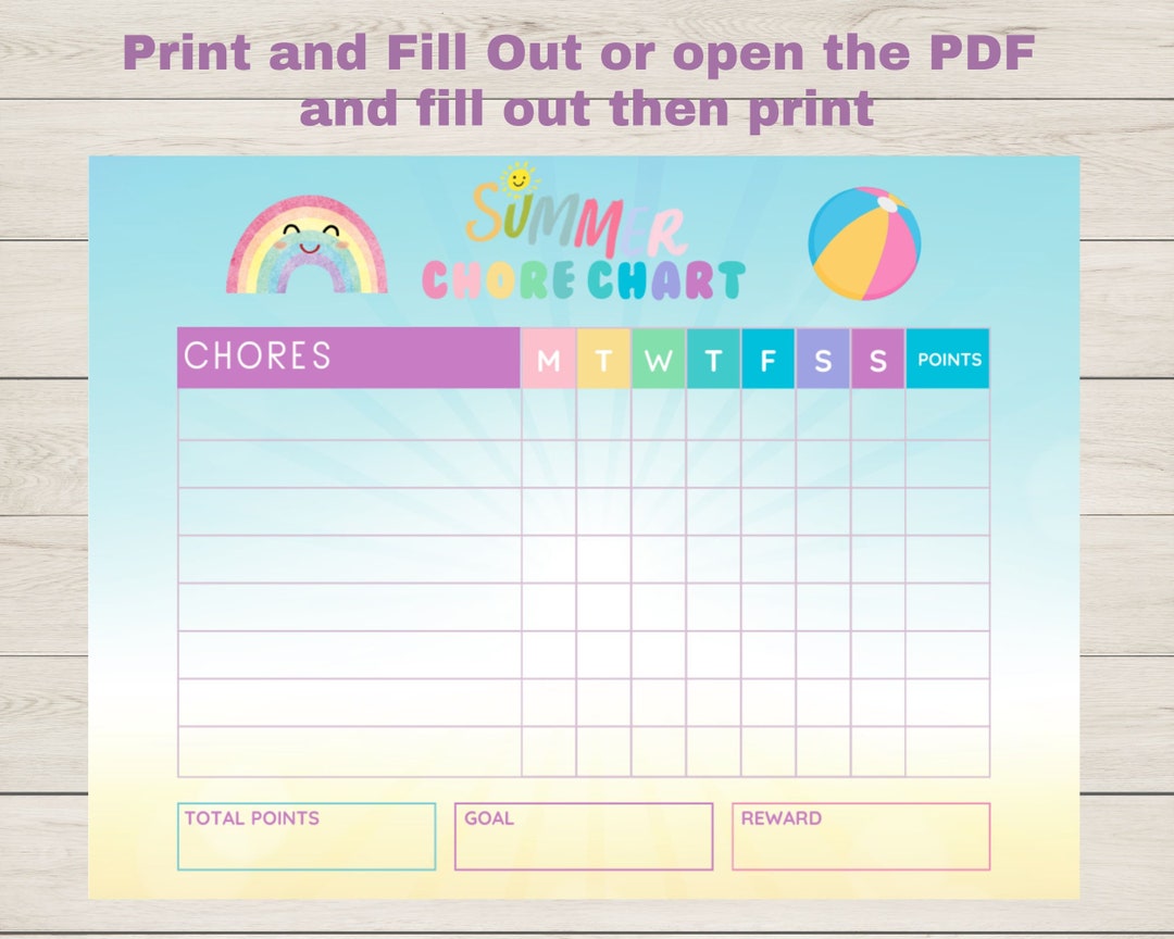 Summer Chore Chart Printable - Etsy