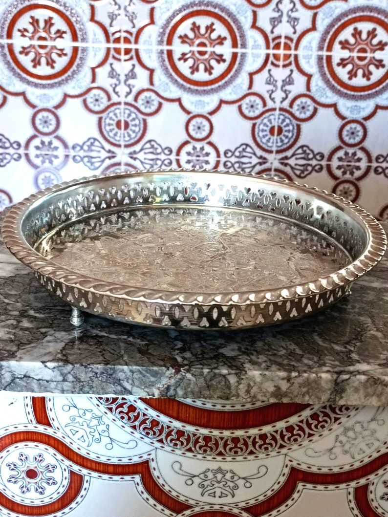 Plateau de service à thé Marocain en argent fait à la main, Artisanat ...