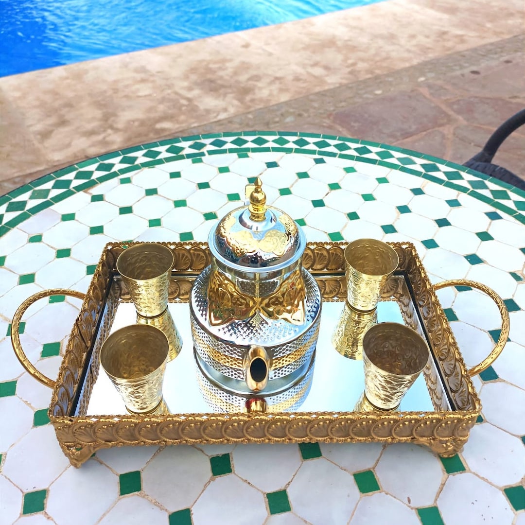 Traditional Moroccan Stainless Steel Teapot, Four Brass Glasses, Brass ...