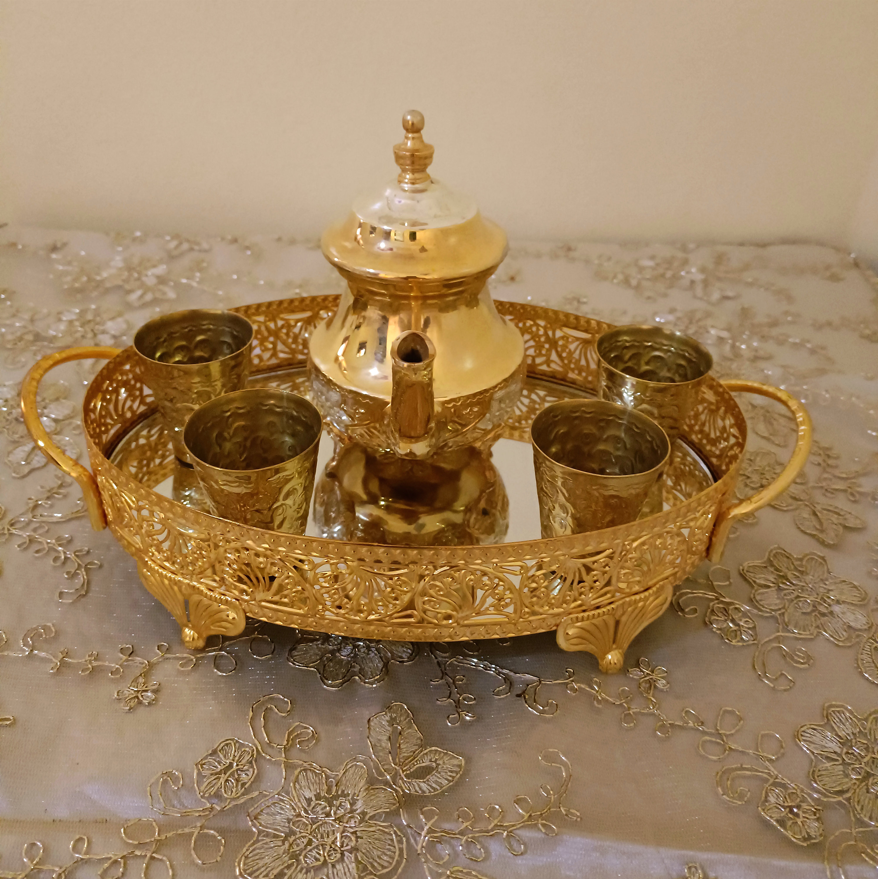 Traditional Moroccan Teapot Set in Golden Brass, Four Brass Glasses and Brass Tea Service ...