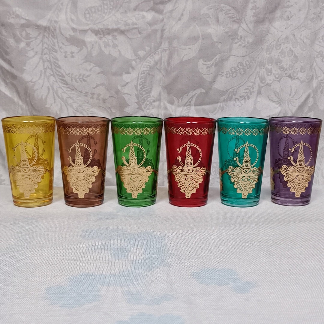 Tea Glasses, Six Colorful Handmade Moroccan Amazigh Glasses for Serving ...