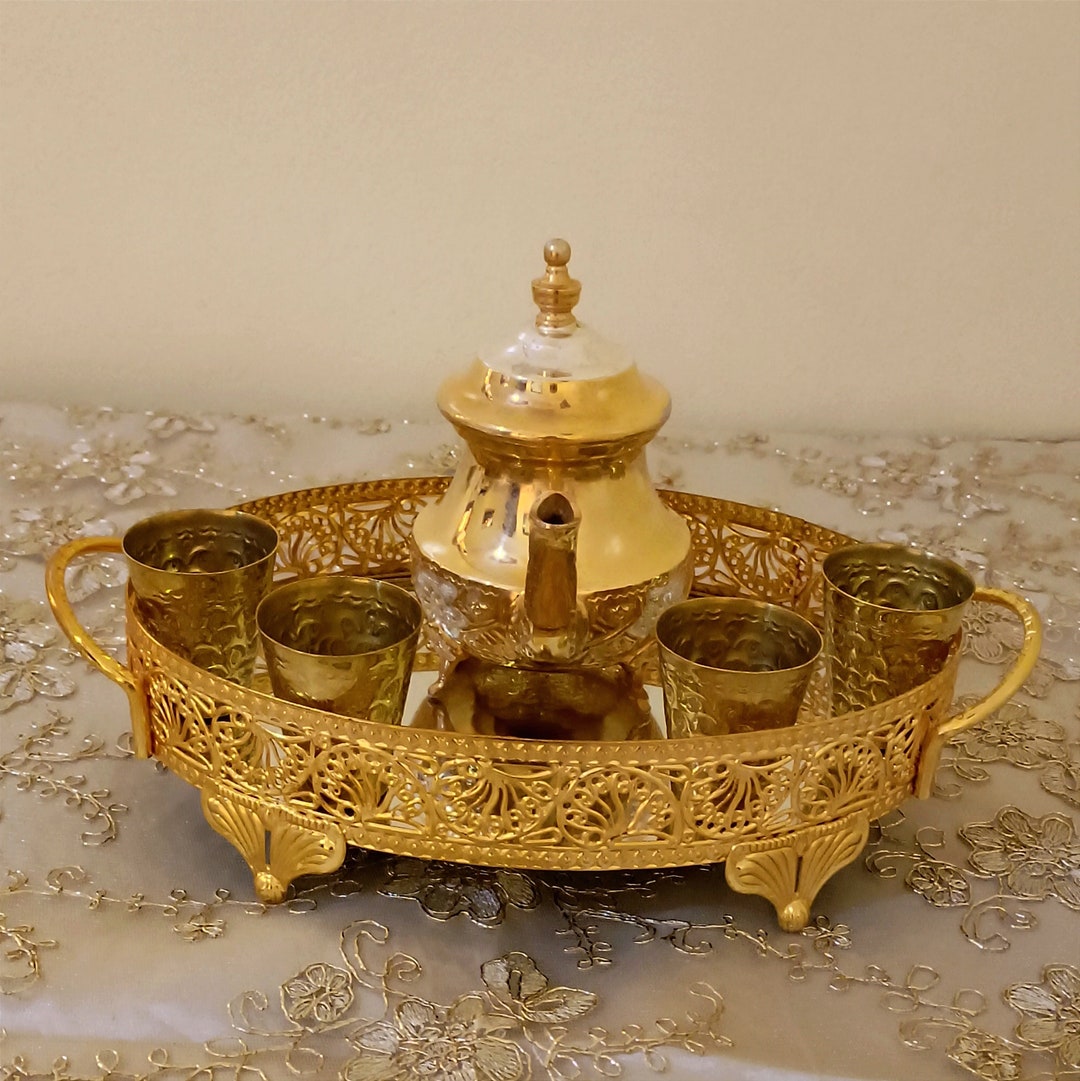 Traditional Moroccan Brass Gilded Teapot Set, Four Brass Glasses, Brass ...