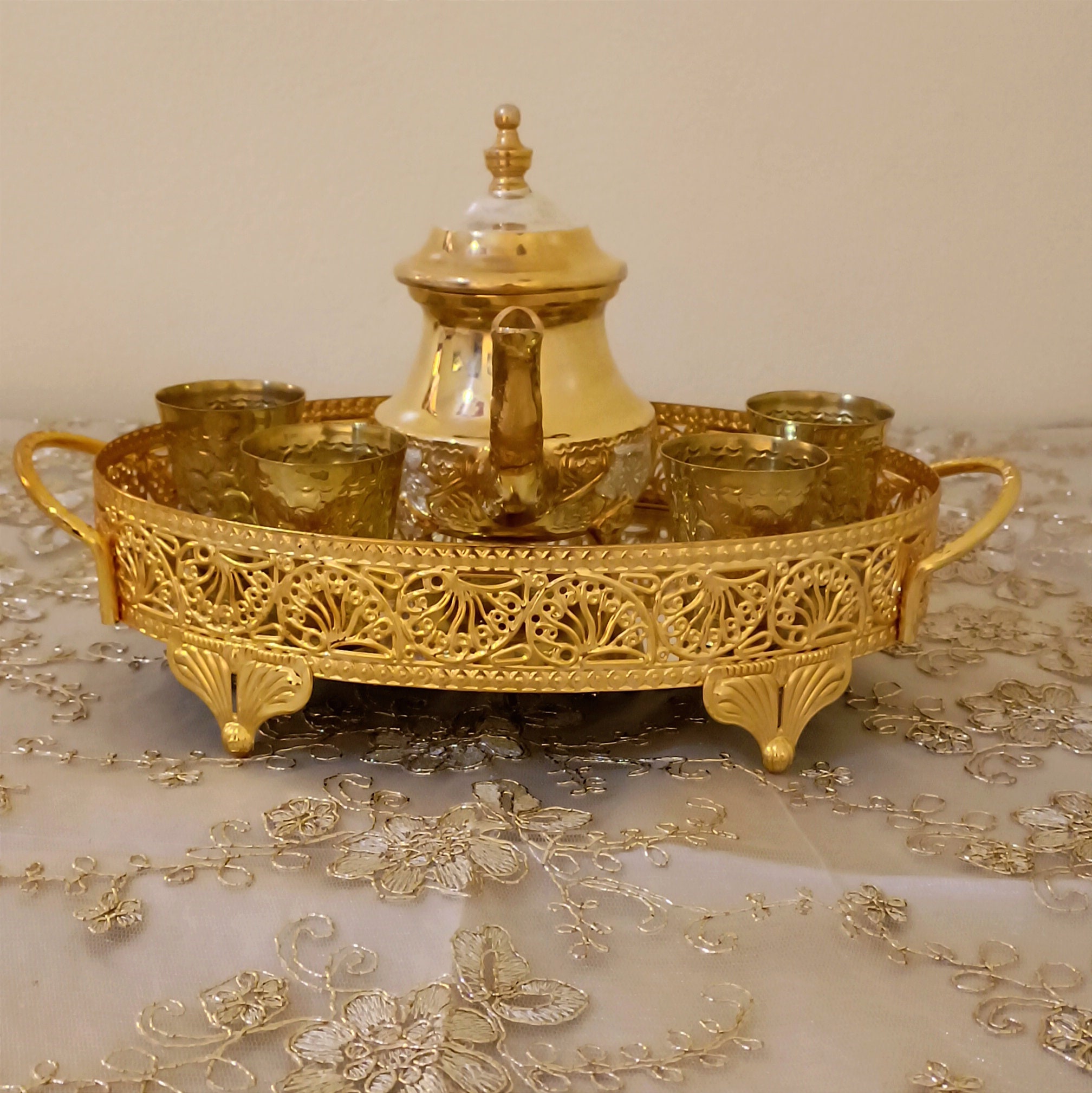 Traditional Moroccan Teapot Set in Golden Brass, Four Brass Glasses and Brass Tea Service ...
