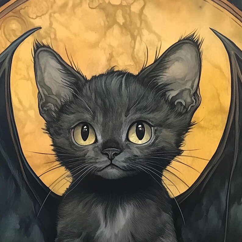 Gothic Bat Kitten Black Cat Art Print Vintage Poster, Art Poster Print ...