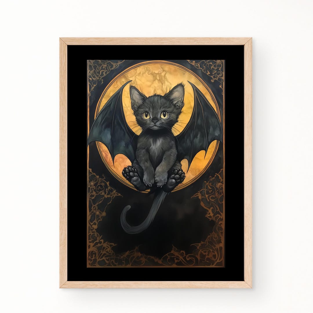 Gothic Bat Kitten Black Cat Art Print Vintage Poster, Art Poster Print ...
