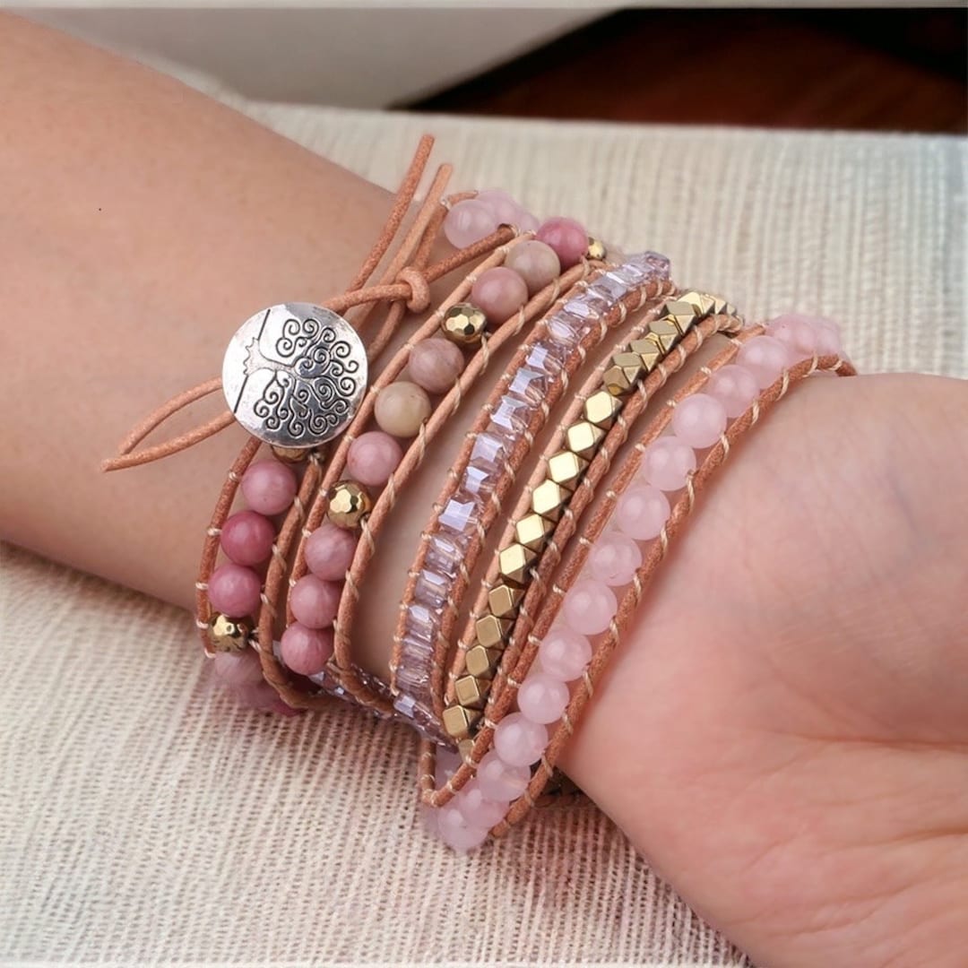 Women Rose Quartz Leather Wrap Bracelets Women Natural Stone Bracelet ...