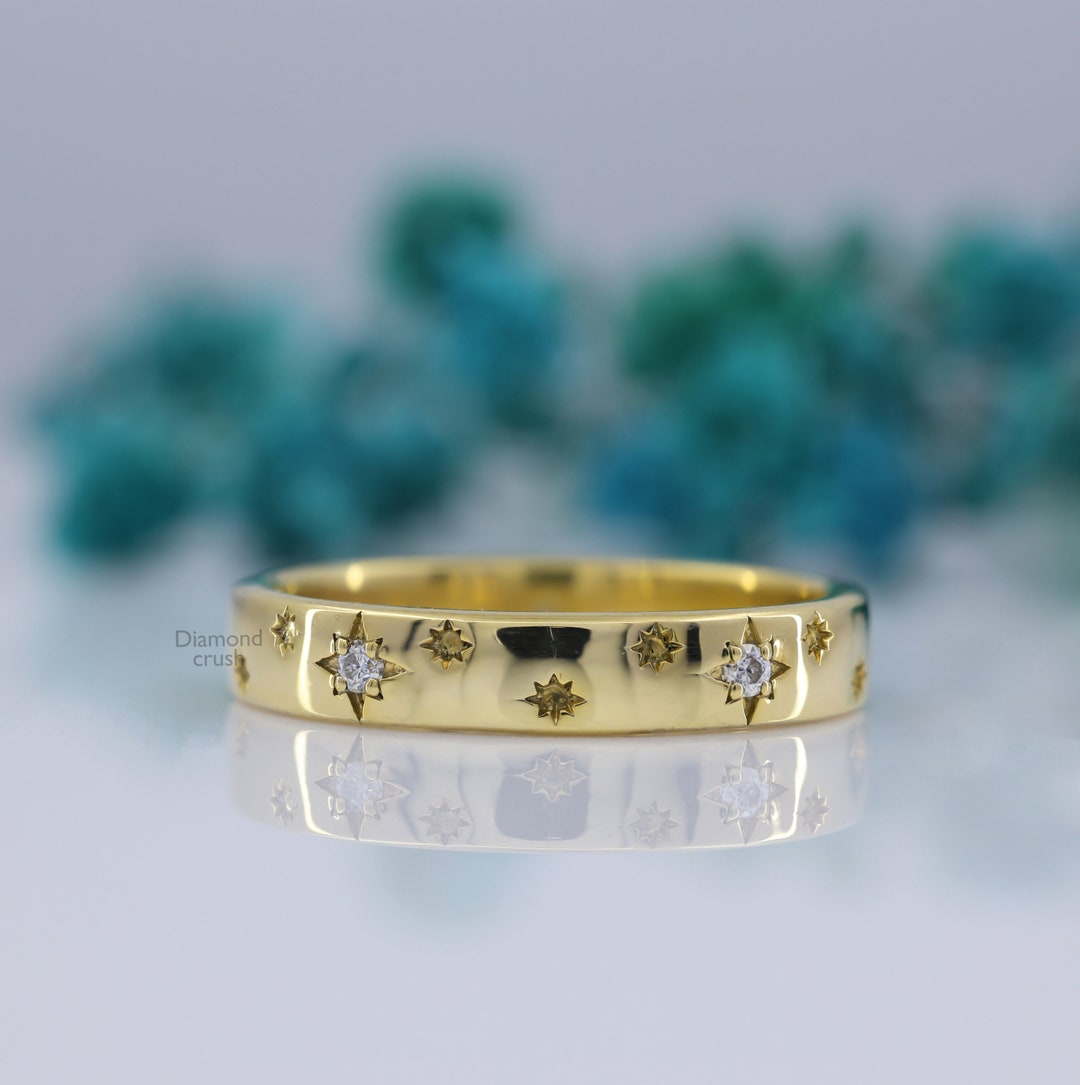 14K Gold Star Wedding Band Moissanite Starburst Ring Full Eternity Band Celestial Ring for Women ...