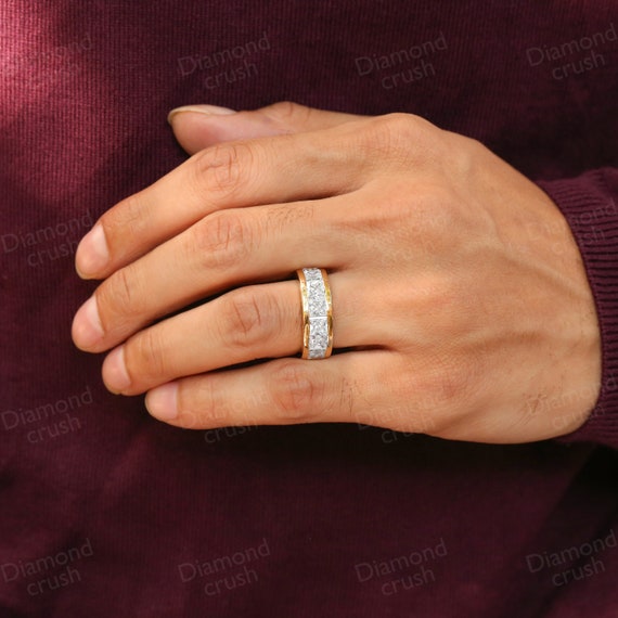 Mens Moissanite Ring Unique Mens Wedding Band Mens Pinky Ring Mens Diamond Ring 14K Gold Princess Moissanite Ring Wide Half Eternity Band Etsy