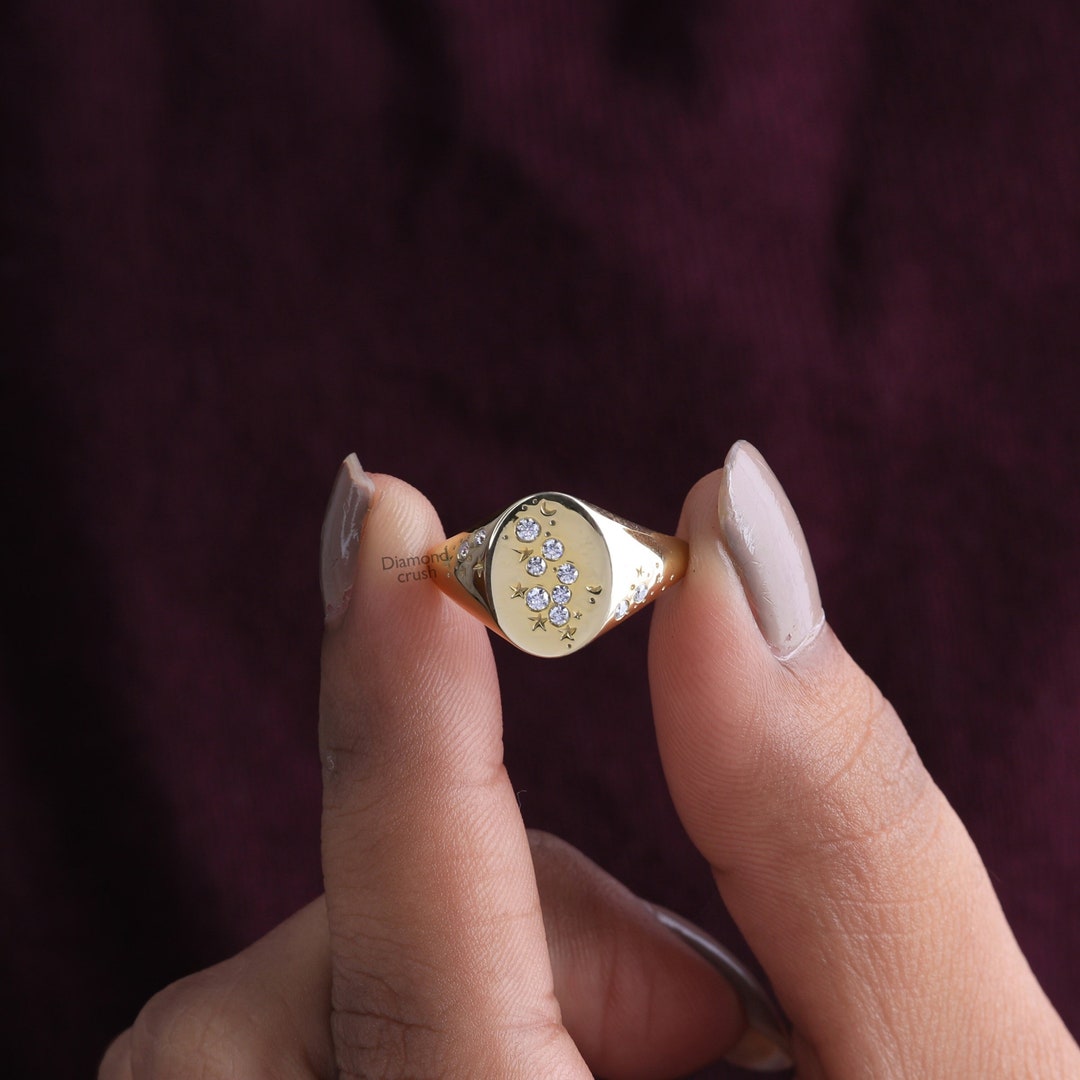 Starburst Diamond Signet Ring Pinky Signet Ring 14K Gold Star Ring ...