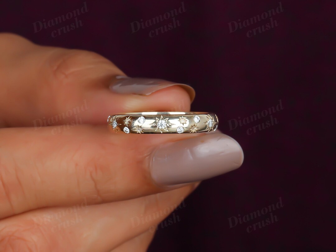 Lab Diamond Star Engraved Wedding Band Celestial Stacking Ring North ...