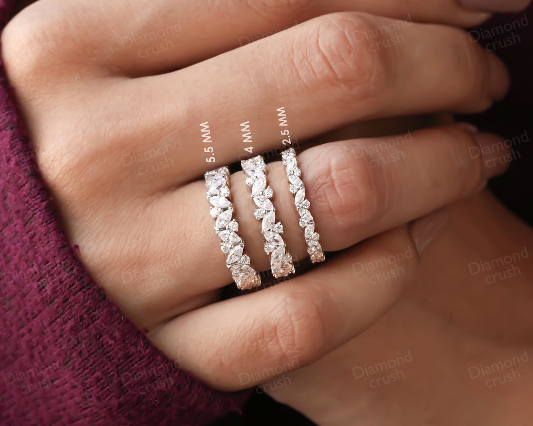 Half Eternity Band Marquise Band Dainty Wedding Band Marquise and Round Moissanite Band Vintage ...