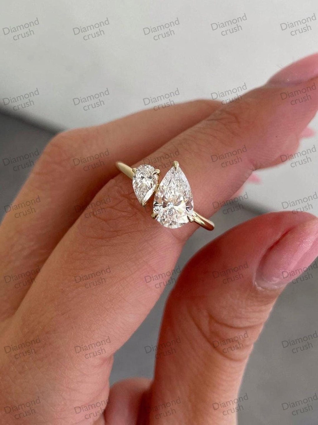 Double Tear Drop Ring / Two Pear Cut Diamond Engagement Ring / Two ...