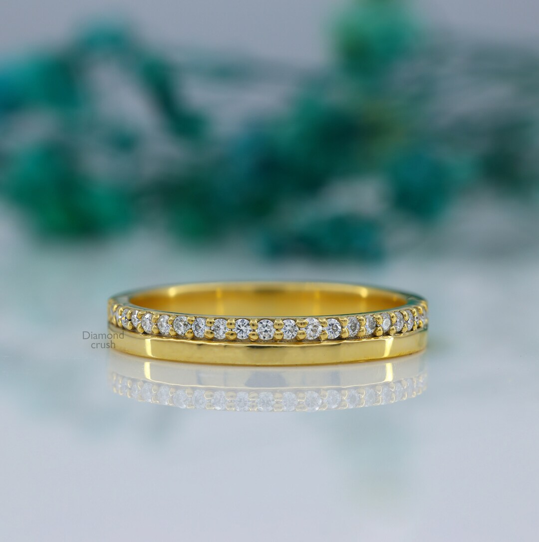 One Side Pave Wedding Band Women Half Eternity Moissanite Band 3MM Thin ...