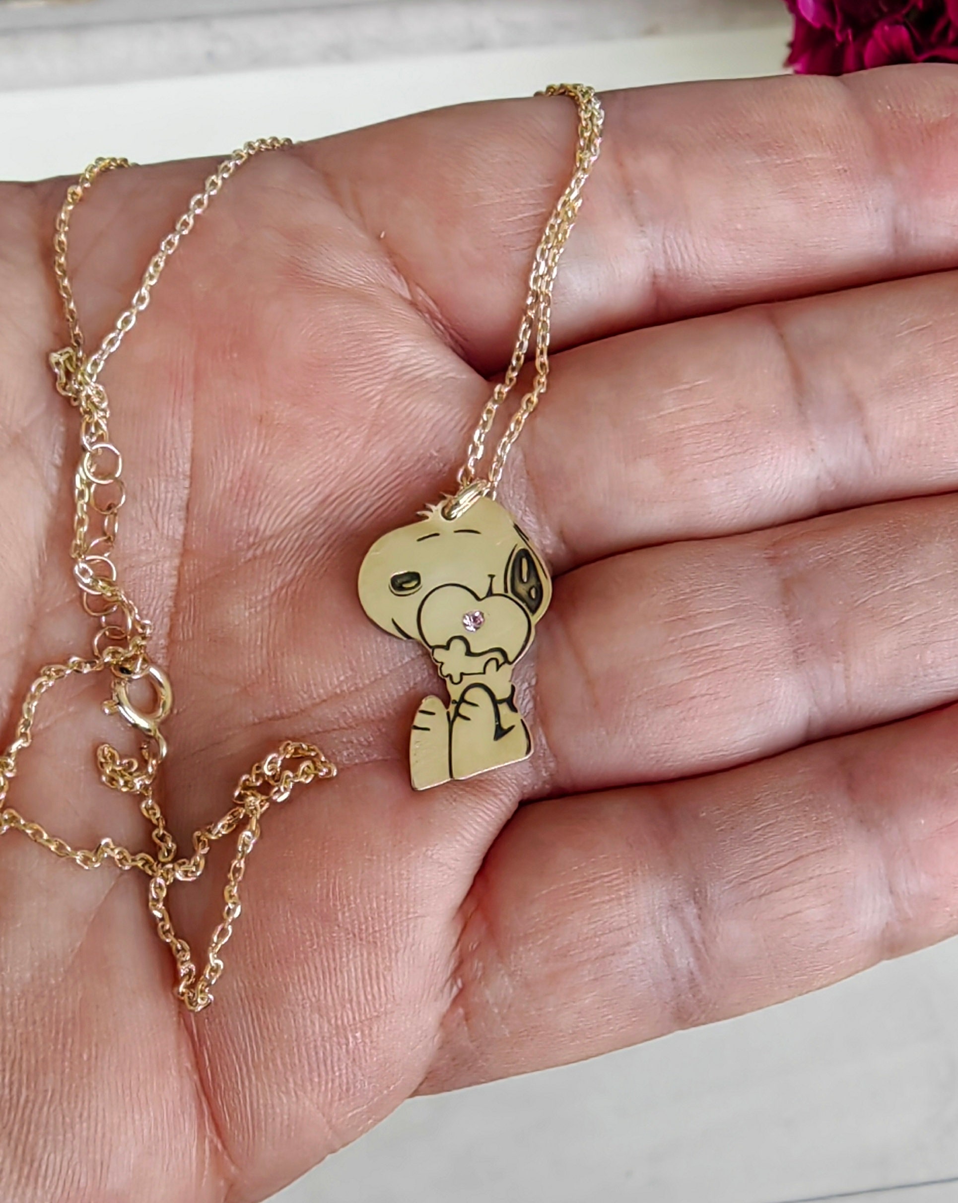 Snoopy Gold Necklace, 925 Sterling Silver Everyday Necklace, Gold ...