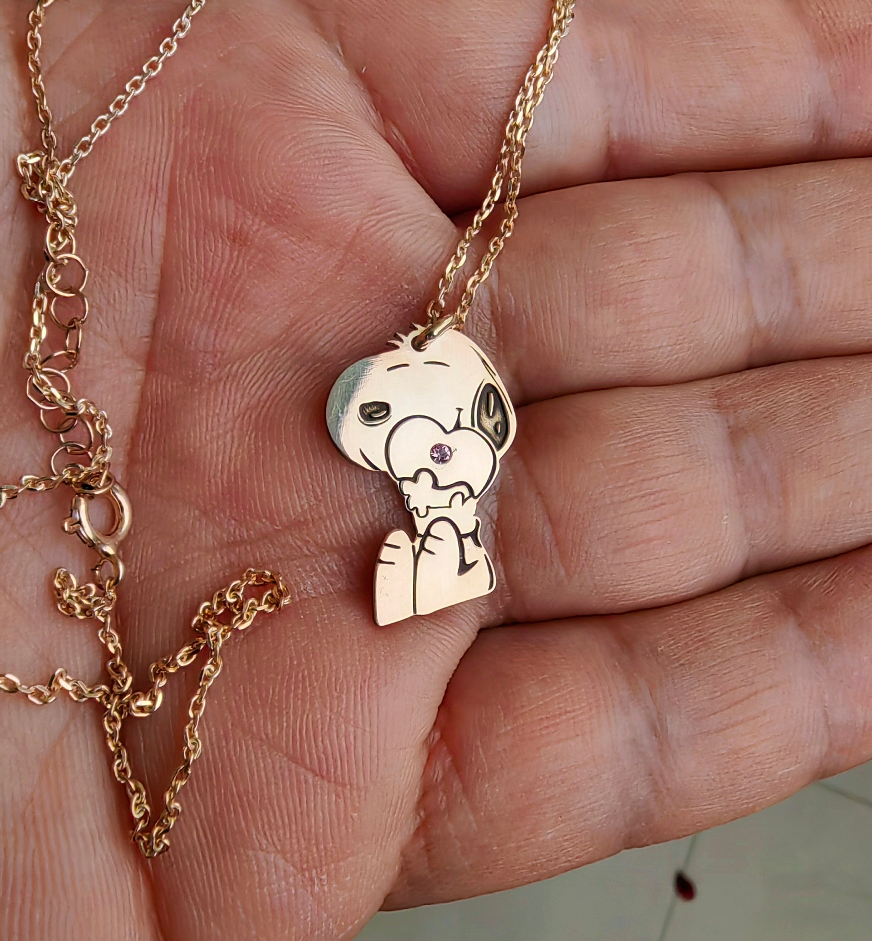 Snoopy Gold Necklace, 925 Sterling Silver Everyday Necklace, Gold ...