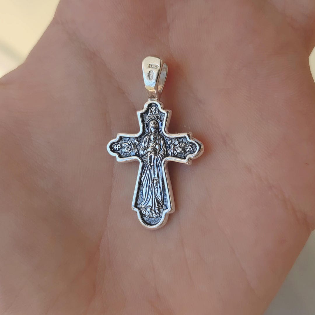 Silver Cross Necklace, Cross With Saint Mary, the Mother of Jesus, 925 ...