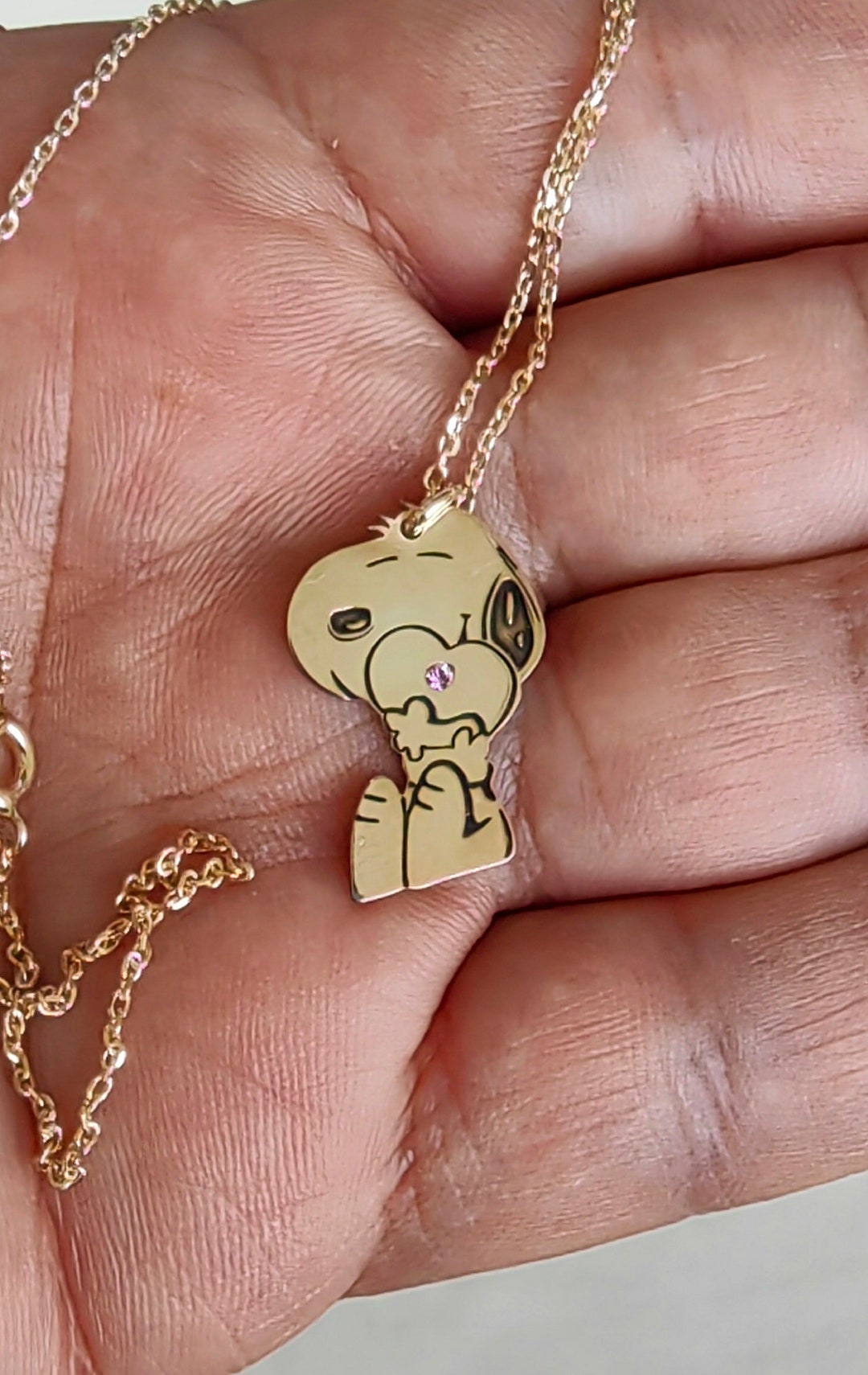 Snoopy Gold Necklace, 925 Sterling Silver Everyday Necklace, Gold ...