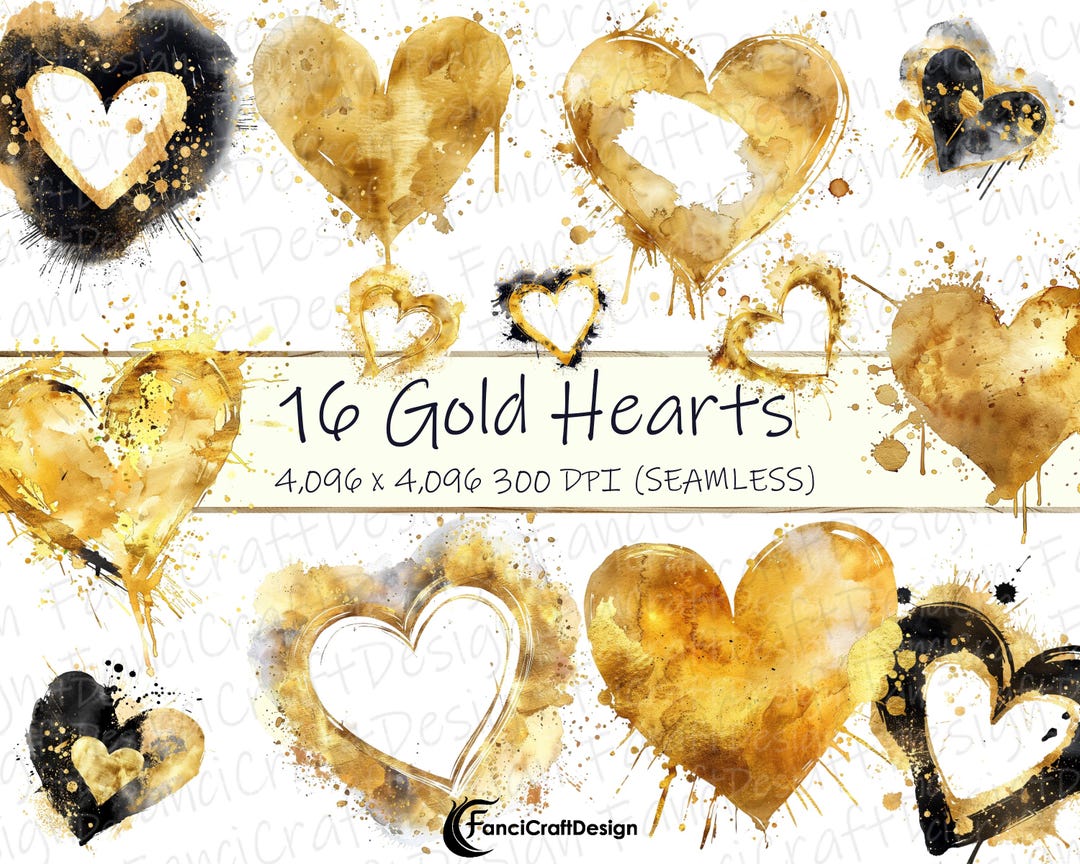 16 Gold Hearts Paint Splatter Splash Watercolor Clipart Heart Pack PNG ...