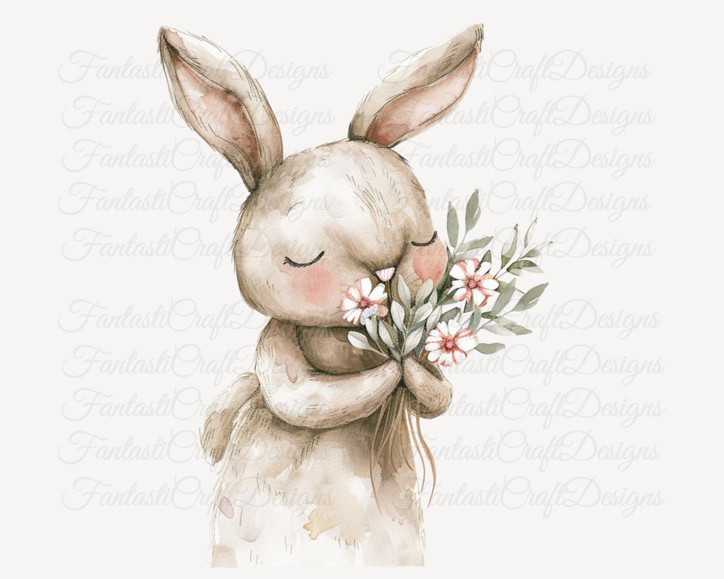 Rabbit Holding Flowers Cute Easter Bunny Art Watercolor Clipart 16 Pack ...
