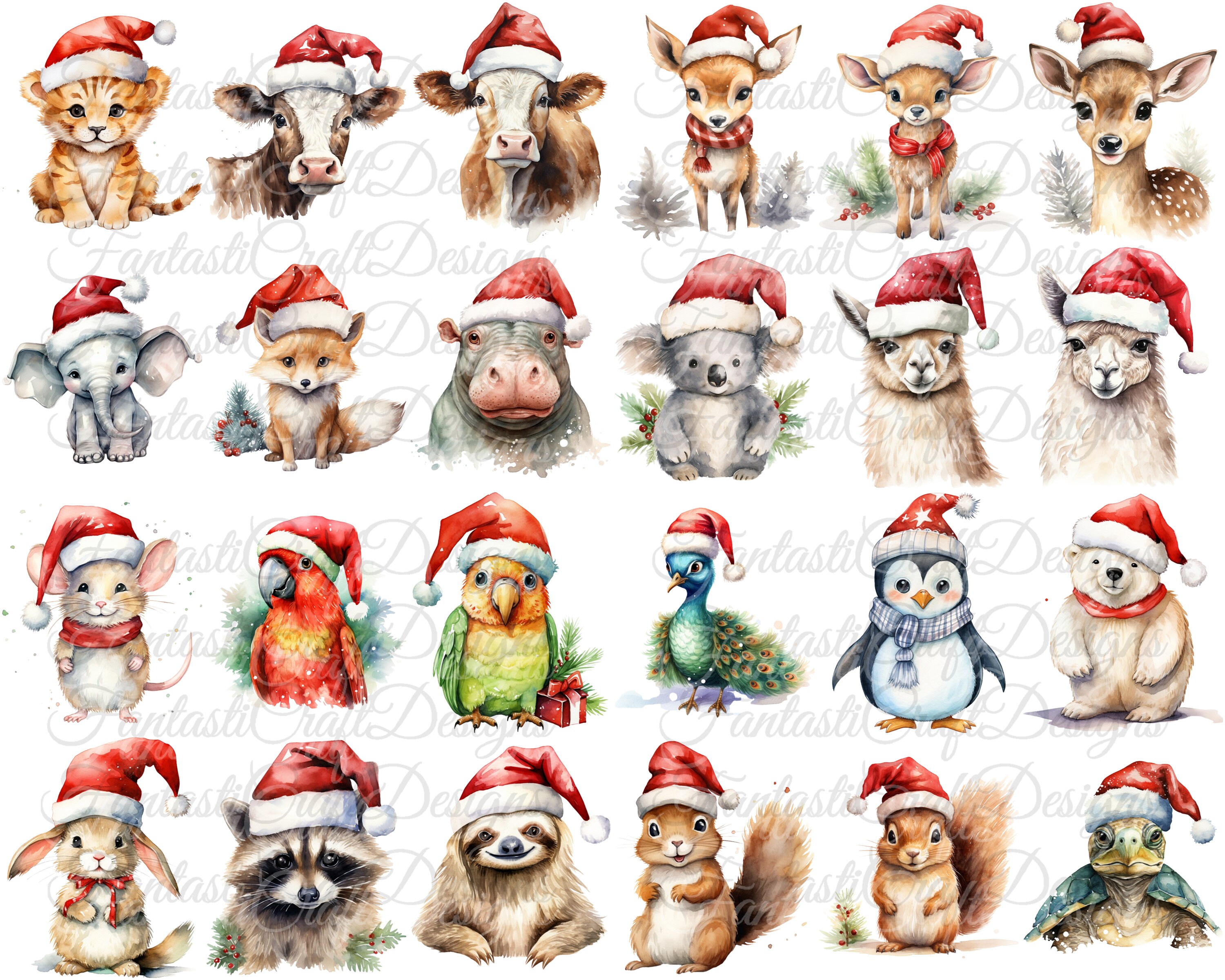 24 Christmas Animals Watercolor Clipart Pack PNG Digital - Etsy