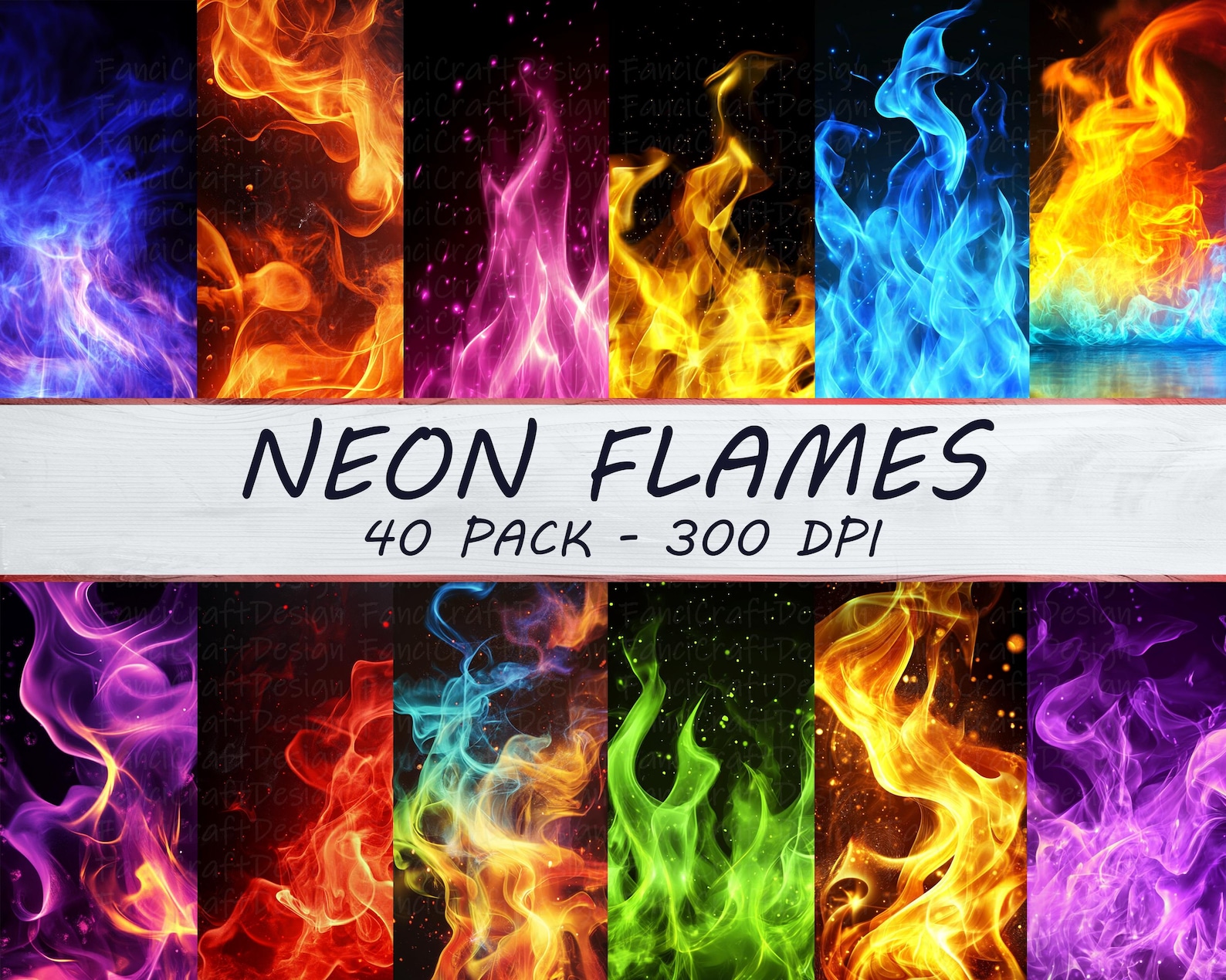 Neon Flames Rainbow Fire Digital Paper Texture 40 Pack Patterns ...