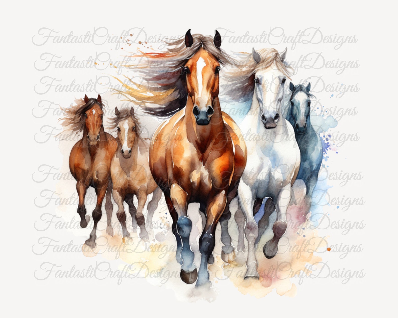 12 Horses Horse Herd Pony Animal Watercolor Clipart Printable PNG JPG ...