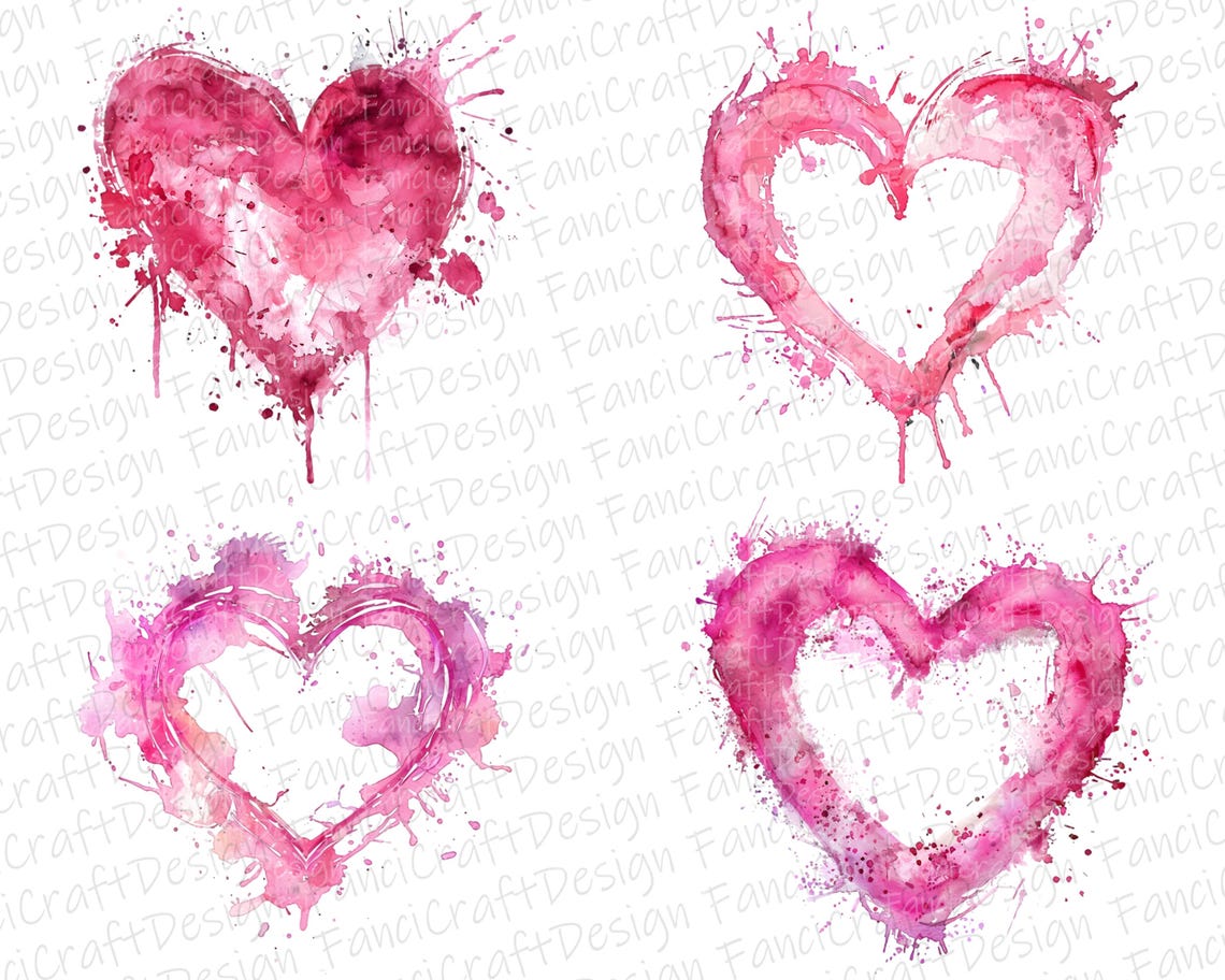 24 Pink Hearts Paint Splatter Splash Watercolor Clipart Heart Pack PNG ...