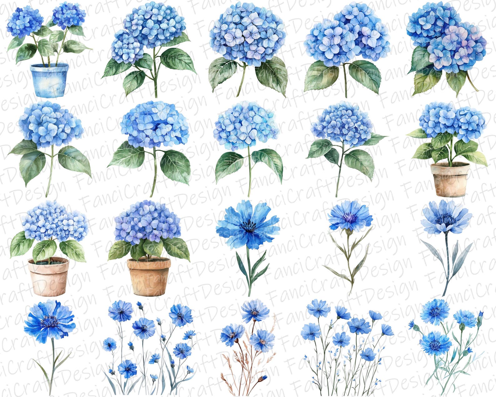 Blue Flowers 100 Floral Clipart Pack Watercolor Printable PNG Digital ...