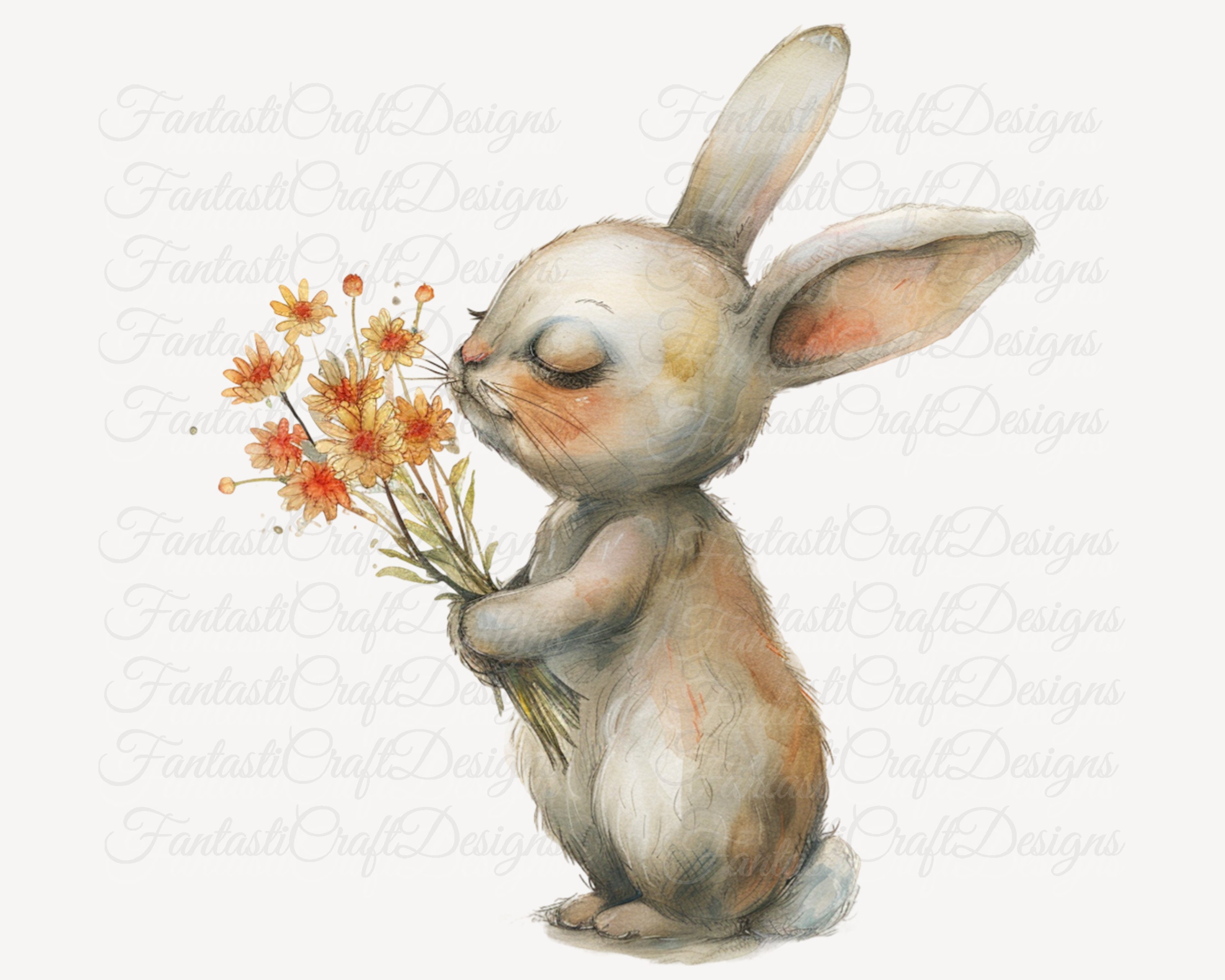 Rabbit Holding Flowers Cute Easter Bunny Art Watercolor Clipart 16 Pack ...