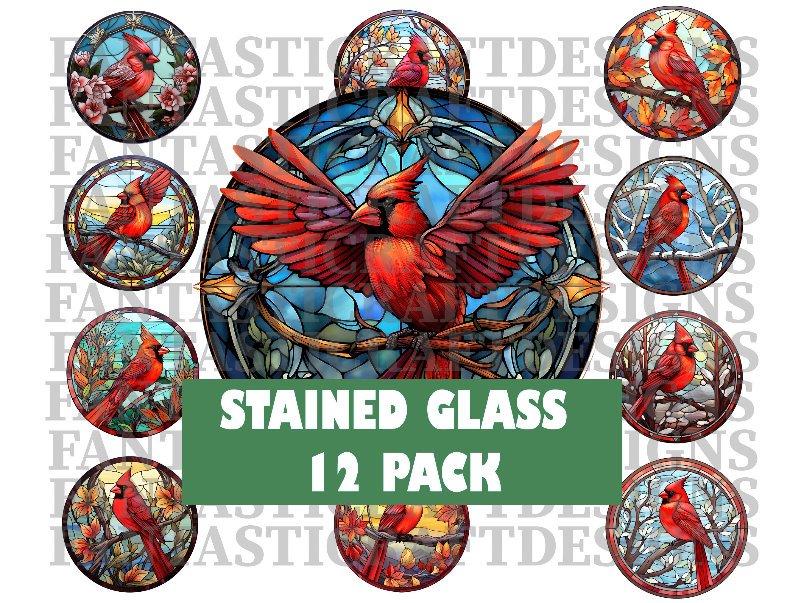 12 Stained Glass Cardinal Bird Pack Transparent Circle PNG - Etsy