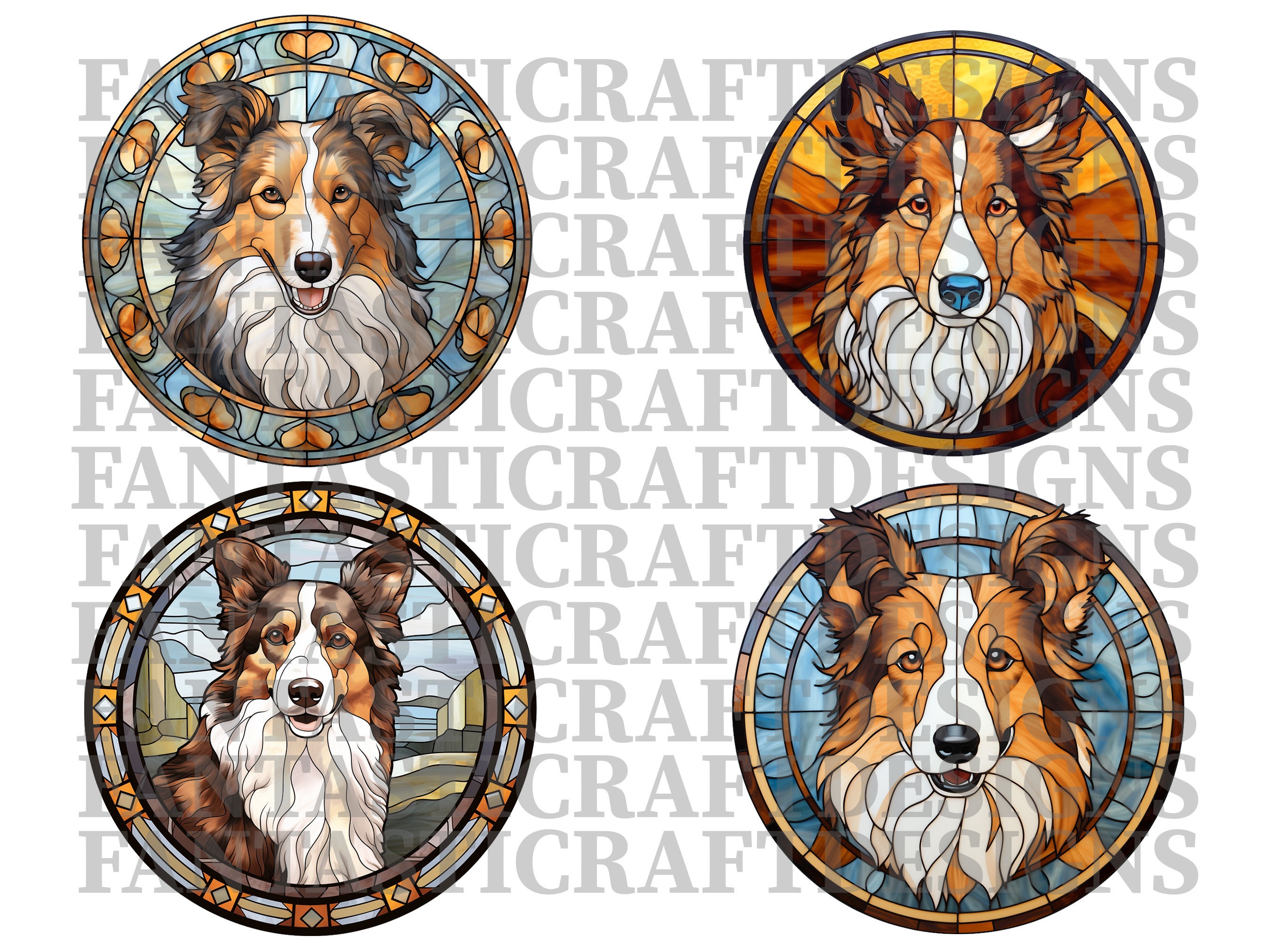12 Stained Glass Collie Dog Pack Transparent Circle PNG Digital ...